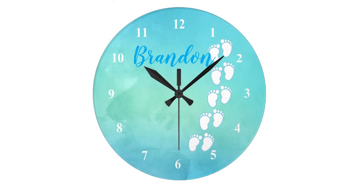 Blue Watercolor Footprint Little Baby Feet Name Large Clock | Zazzle.com