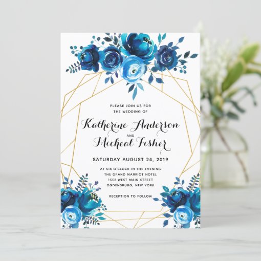 Blue Watercolor Geometric Wedding Invitation | Zazzle