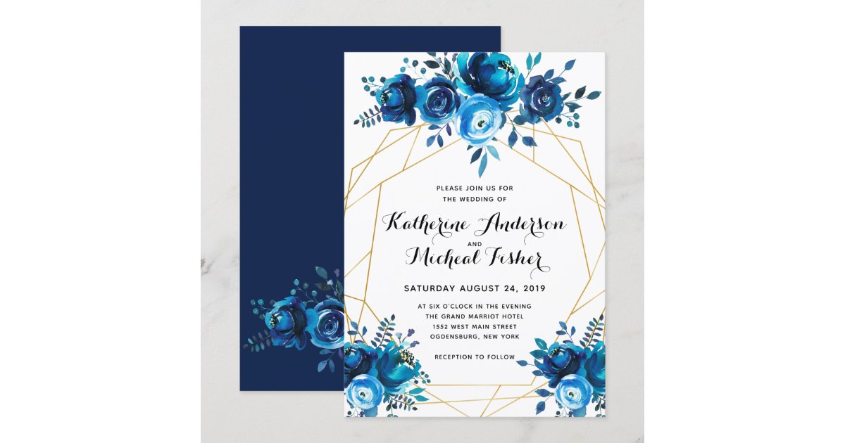 Blue Watercolor Geometric Wedding Invitation | Zazzle