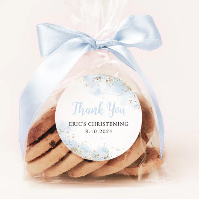Blue Watercolor Gold Boy Christening Baptism Classic Round Sticker | Zazzle