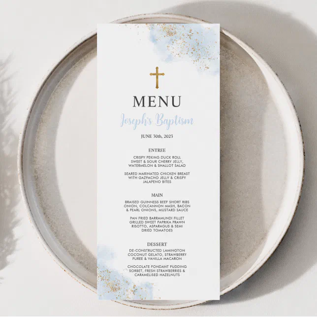 Blue Watercolor Gold Boys Christening Baptism Menu | Zazzle
