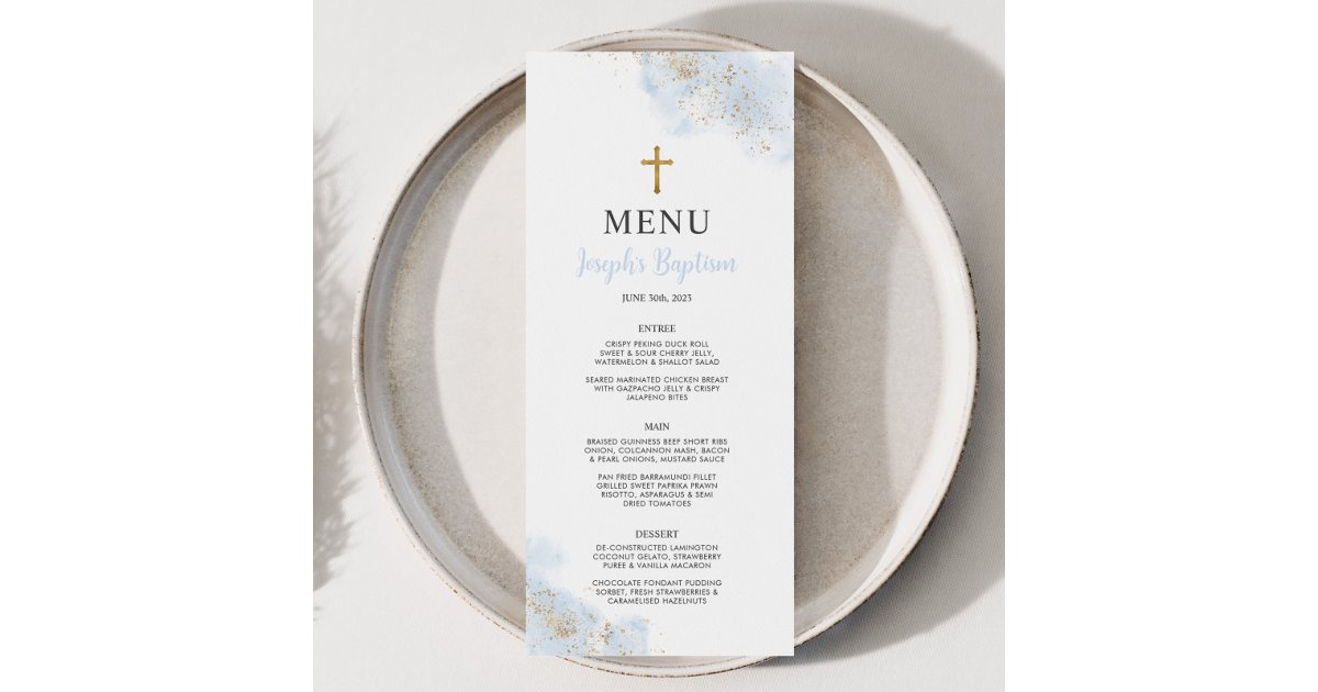 Blue Watercolor Gold Boys Christening Baptism Menu | Zazzle