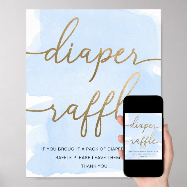 Blue Watercolor Gold Diaper Raffle Poster | Zazzle