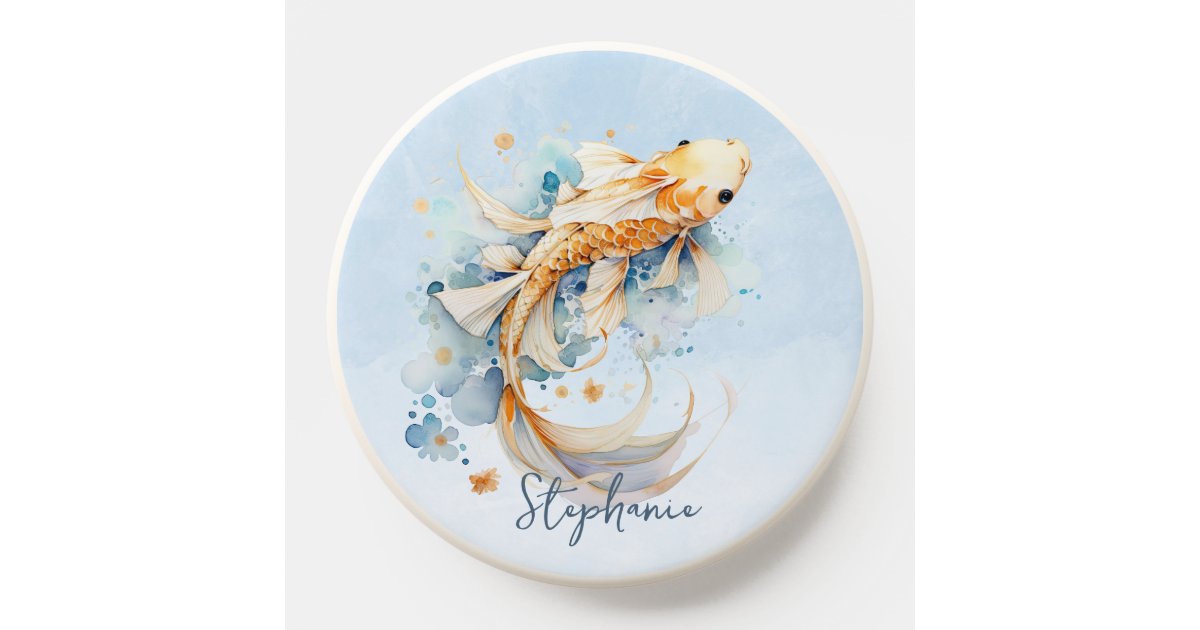 Blue Watercolor Gold Koi Fish Personalized PopSocket | Zazzle