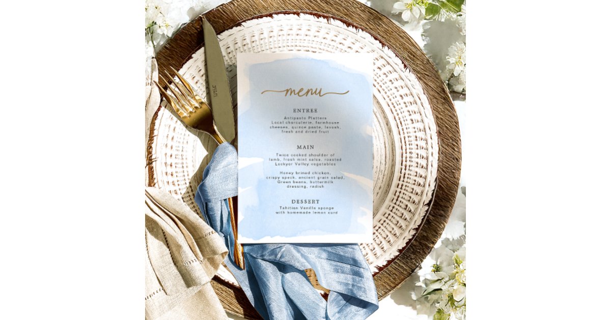 Blue Watercolor Gold Menu | Zazzle