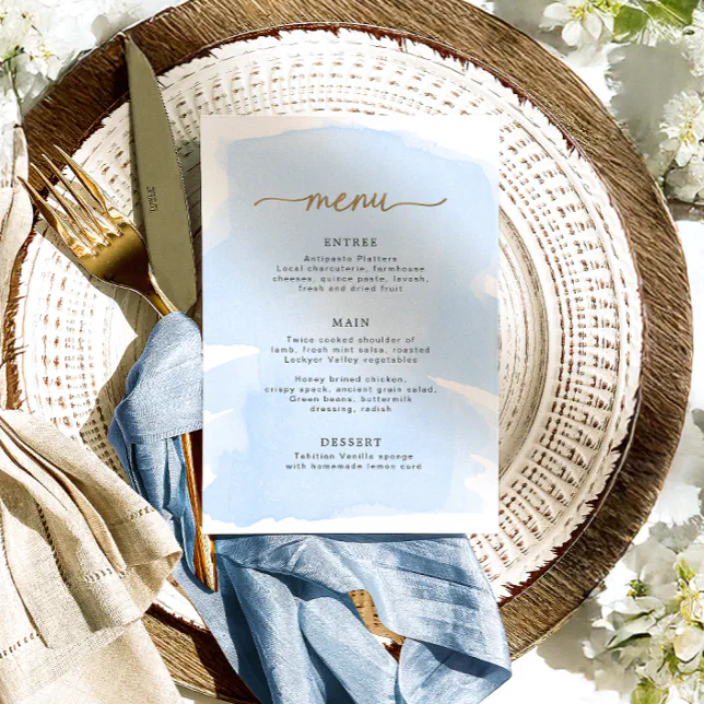 Blue Watercolor Gold Menu | Zazzle