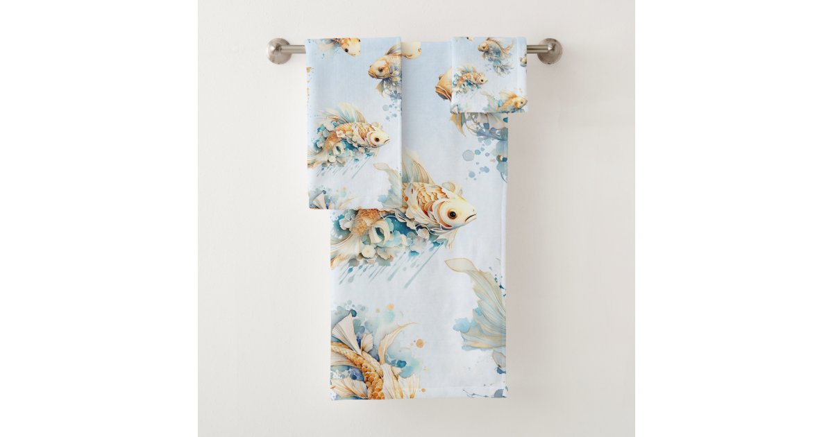 Blue Watercolor Gold White Koi Fish Floral Bath Towel Set | Zazzle