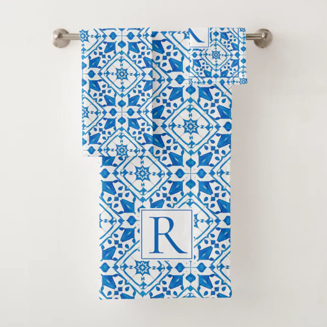 Blue watercolor Greek tile Mediterranean wedding Bath Towel Set | Zazzle