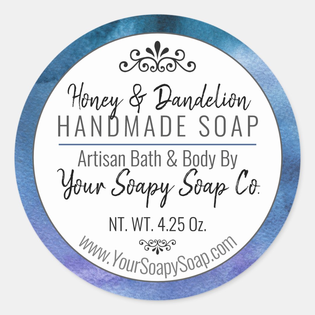 Blue Watercolor Handmade Soap Modern Typography Classic Round Sticker ...