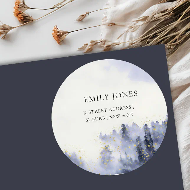 BLUE WATERCOLOR LANDSCAPE TREE FOLIAGE ADDRESS CLASSIC ROUND STICKER ...