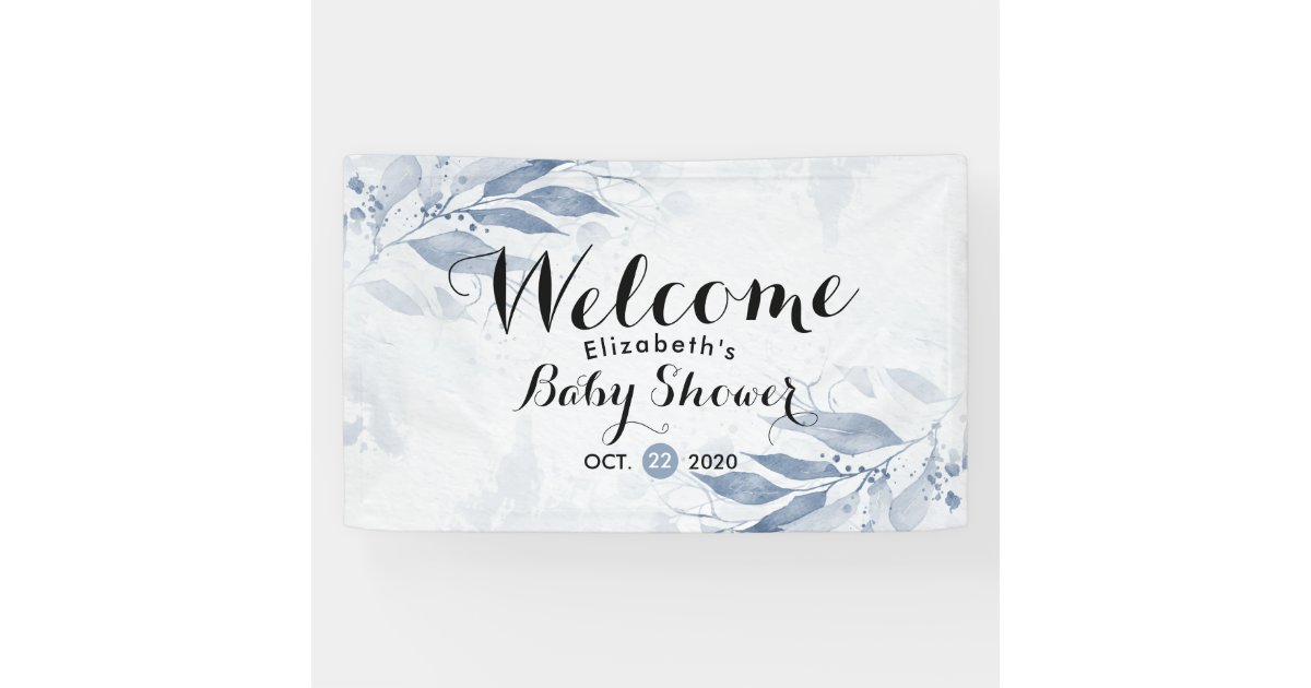 Blue Watercolor Leaves Floral Baby Shower Welcome Banner | Zazzle