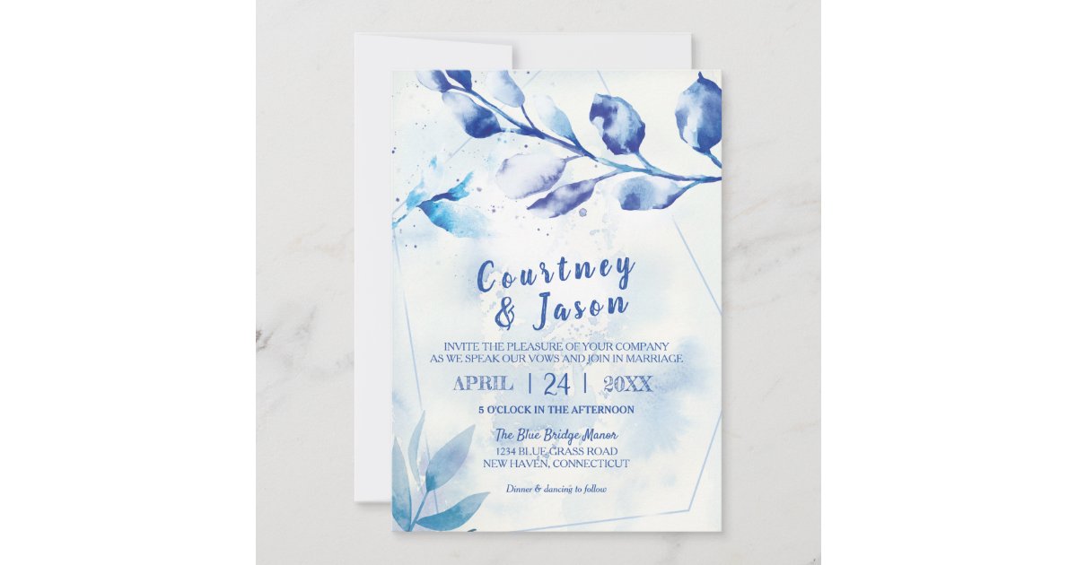 Blue Watercolor Leaves Rustic Wedding Invitation | Zazzle