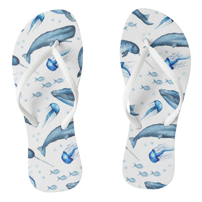 Blue Watercolor Marine Animals | Flip Flops | Zazzle