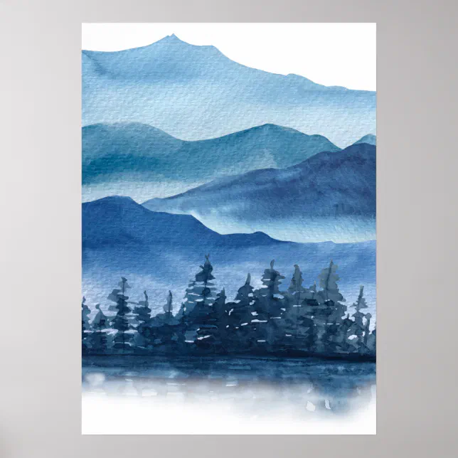 Blue Watercolor Mountains Scenic Landscape Poster | Zazzle