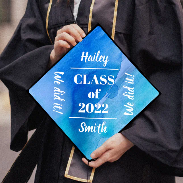 Blue Watercolor Name and Class Year Typography Graduation Cap Topper ...