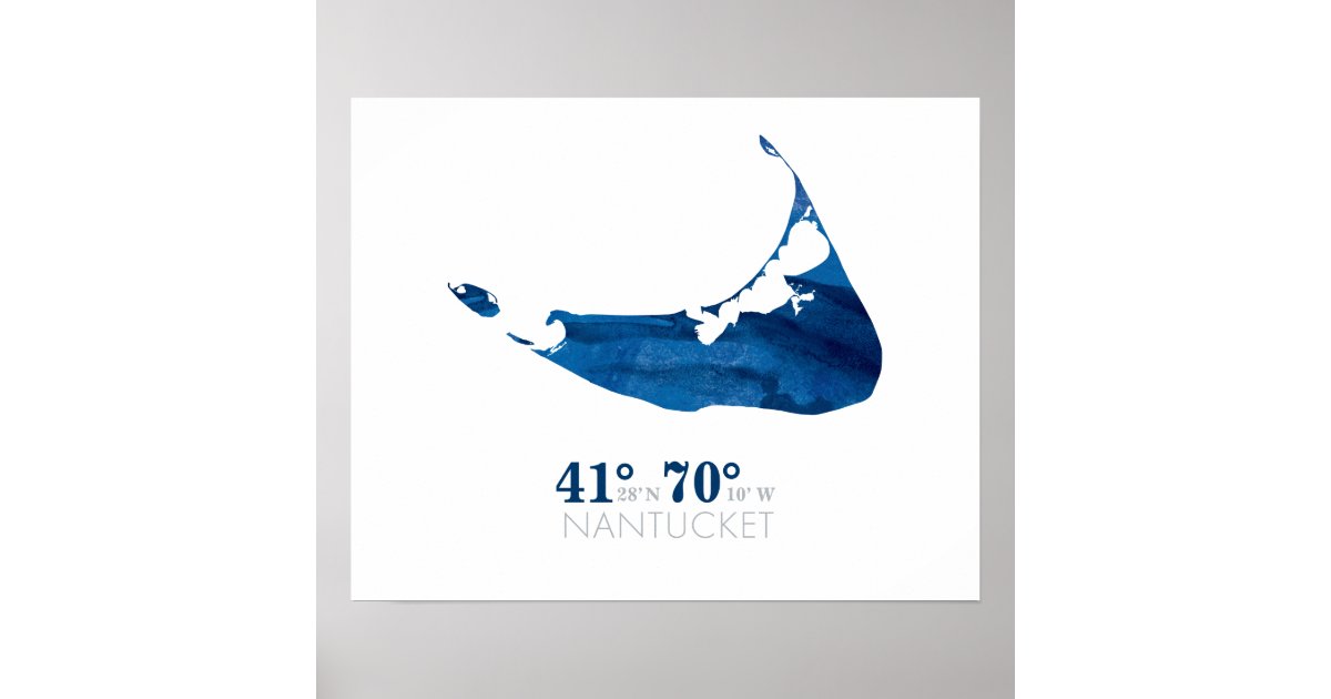 Blue Watercolor Nantucket Map with Coordinates Poster | Zazzle.com