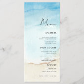 Blue Watercolor Ocean Beach Sand Wedding Dinner Menu | Zazzle