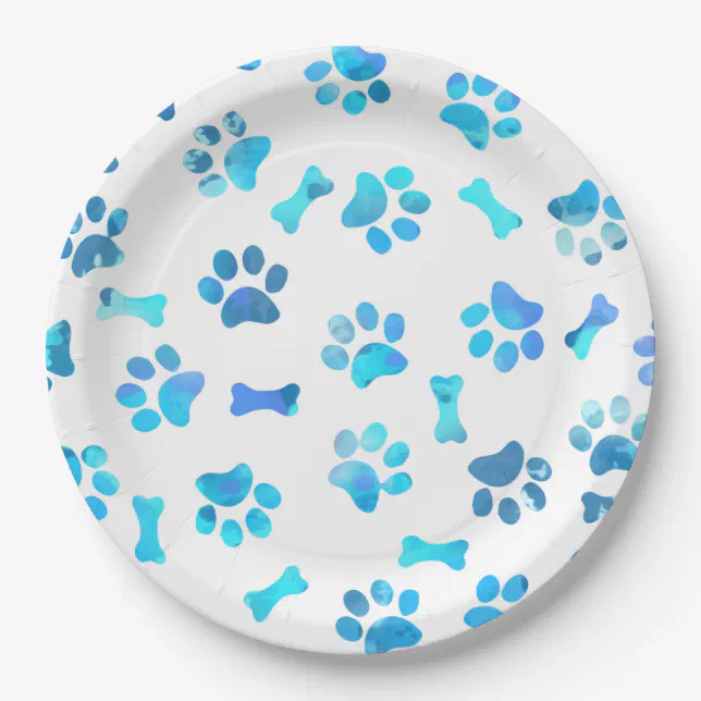 Blue Watercolor Paw Prints Paper Plate | Zazzle