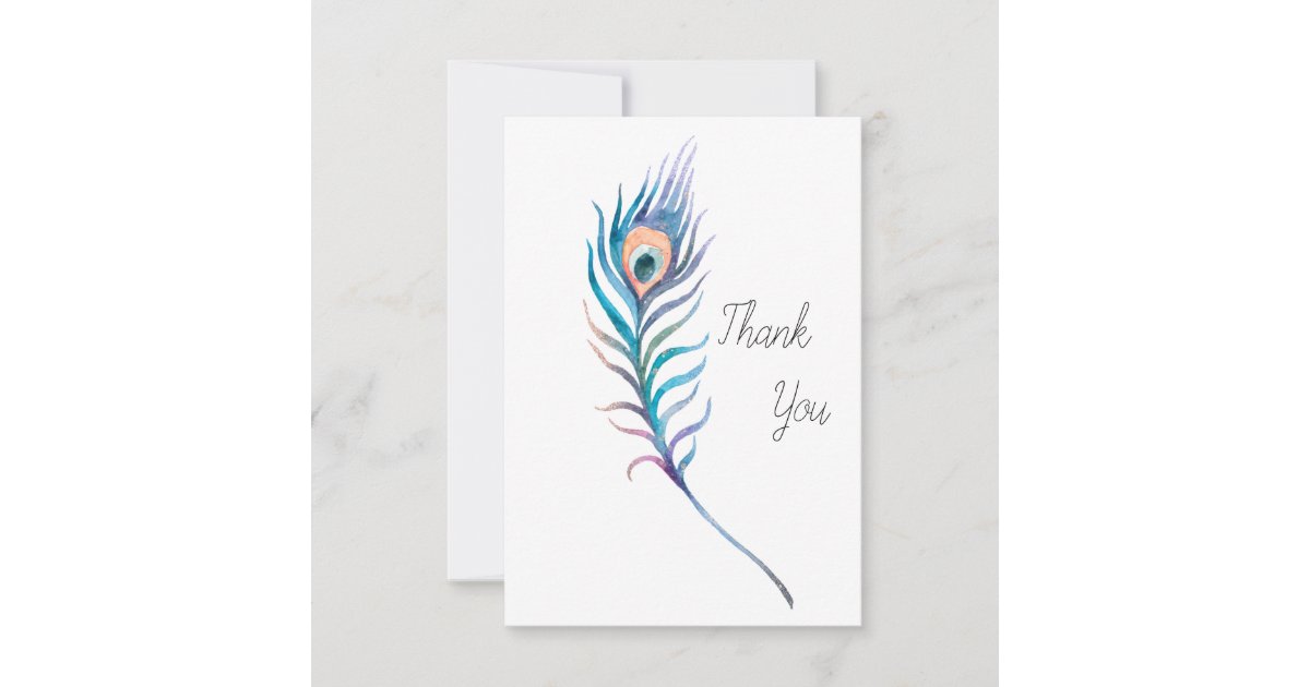 Blue watercolor peacock feather illustration thank you card | Zazzle