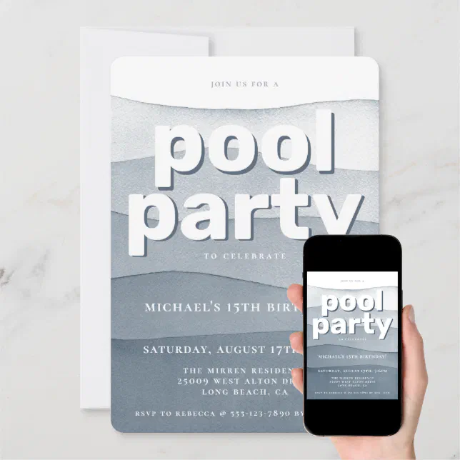 Blue Watercolor Pool Party Birthday Invitation | Zazzle