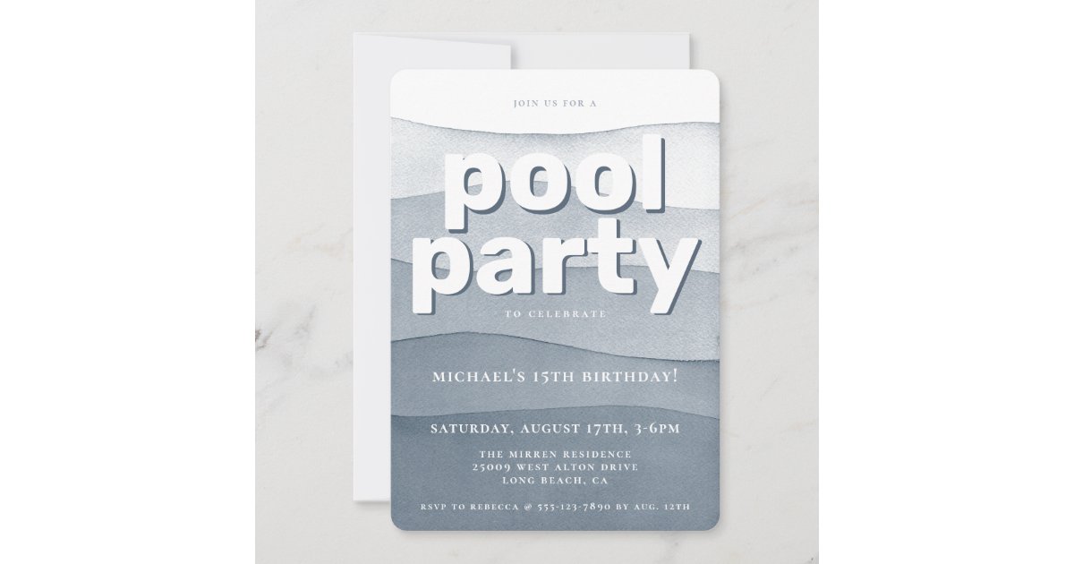 Blue Watercolor Pool Party Birthday Invitation | Zazzle