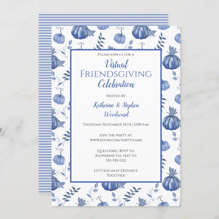 Blue Watercolor Pumpkin Virtual Friendsgiving Invitation | Zazzle