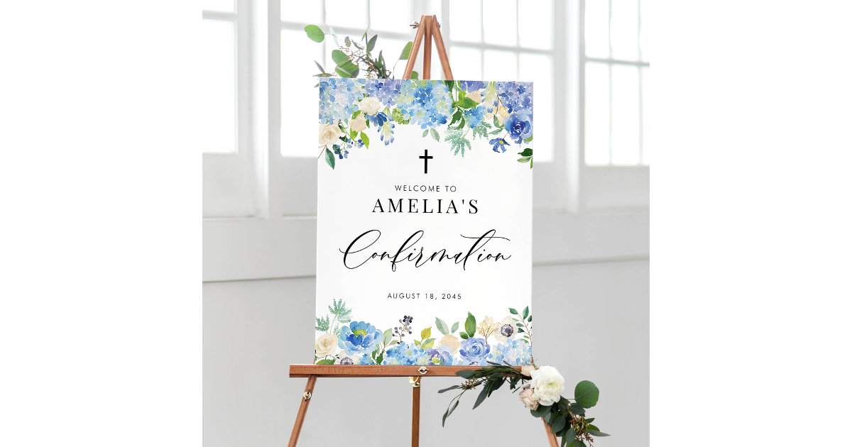 Blue Watercolor Rose and Hydrangea Confirmation Poster | Zazzle