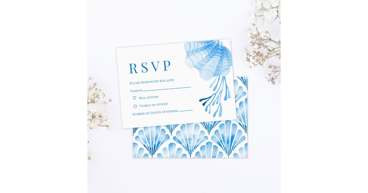 Blue Watercolor Seashell and Coral RSVP Card | Zazzle