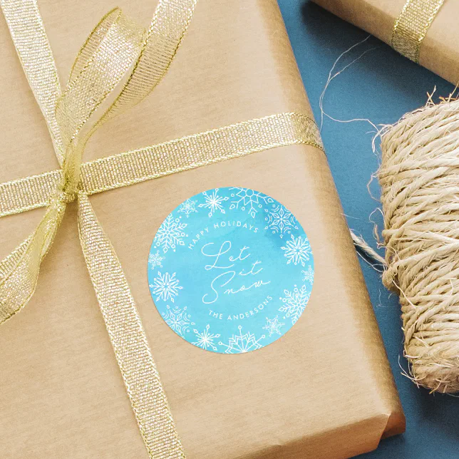 Blue Watercolor Snowflakes Let it Snow Holiday Classic Round Sticker ...