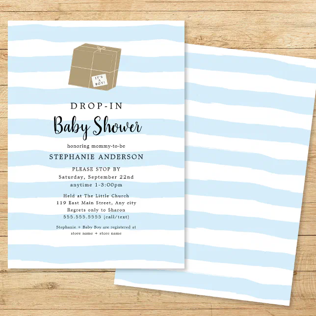 Blue Watercolor Stripe DROP-IN Boy Baby Shower Invitation | Zazzle