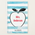 Blue Watercolor Stripes and Apple for Teacher Planner | Zazzle