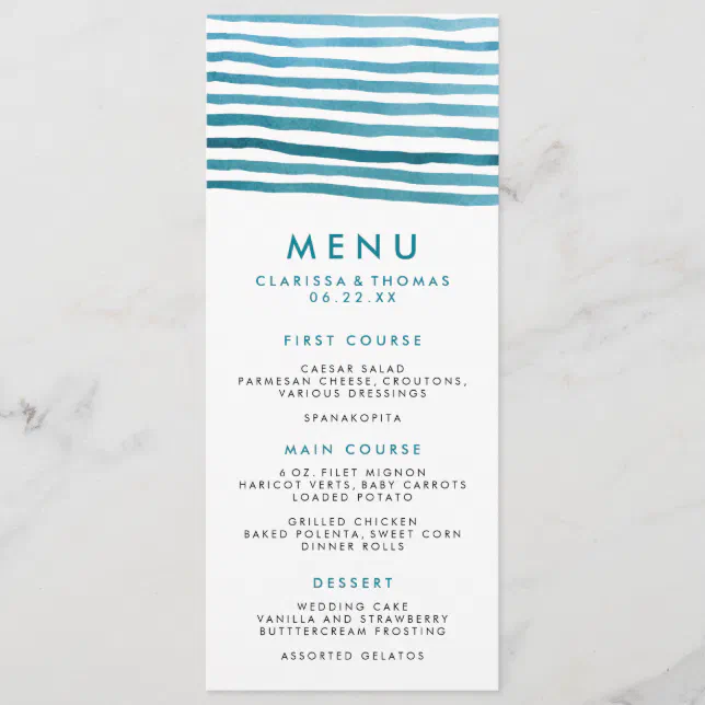 Blue Watercolor Stripes Menu Card | Zazzle