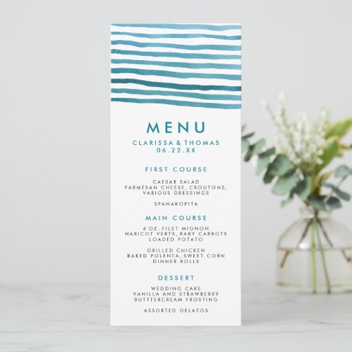 Blue Watercolor Stripes Menu Card | Zazzle
