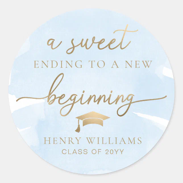 Blue Watercolor Sweet New Beginning Graduation Classic Round Sticker ...