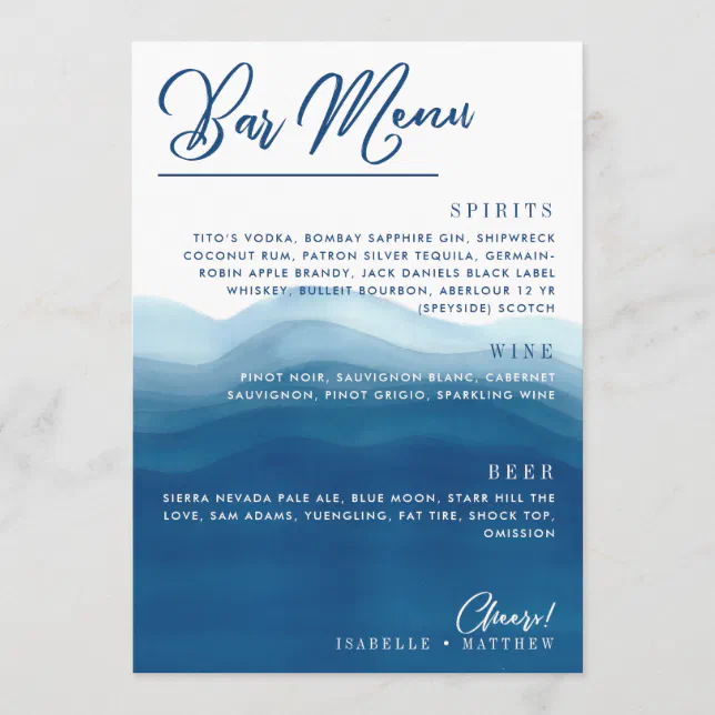 Blue Watercolor Wave Bar Wedding Menu | Zazzle