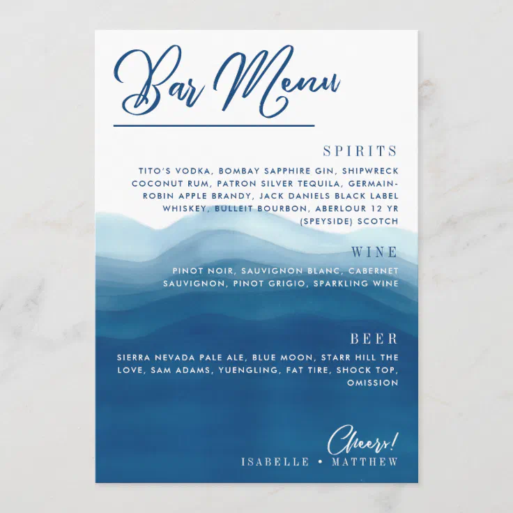 Blue Watercolor Wave Bar Wedding Menu | Zazzle