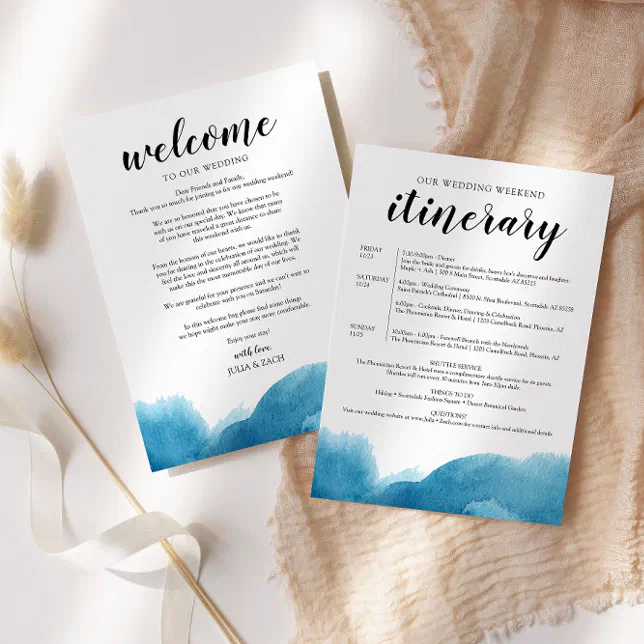 Blue Watercolor Wedding Welcome Letter & Itinerary Invitation | Zazzle