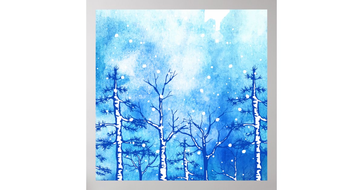 Blue Watercolor Winter Landscape Poster | Zazzle
