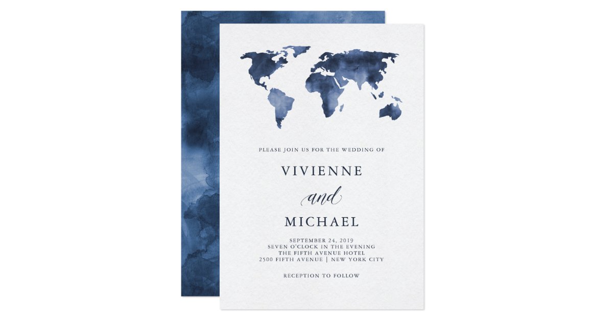Blue Watercolor World Map | Wedding Invitation | Zazzle.com