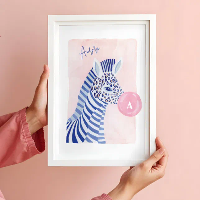 Blue Watercolor Zebra Animal Blowing Gum Bubble Poster | Zazzle