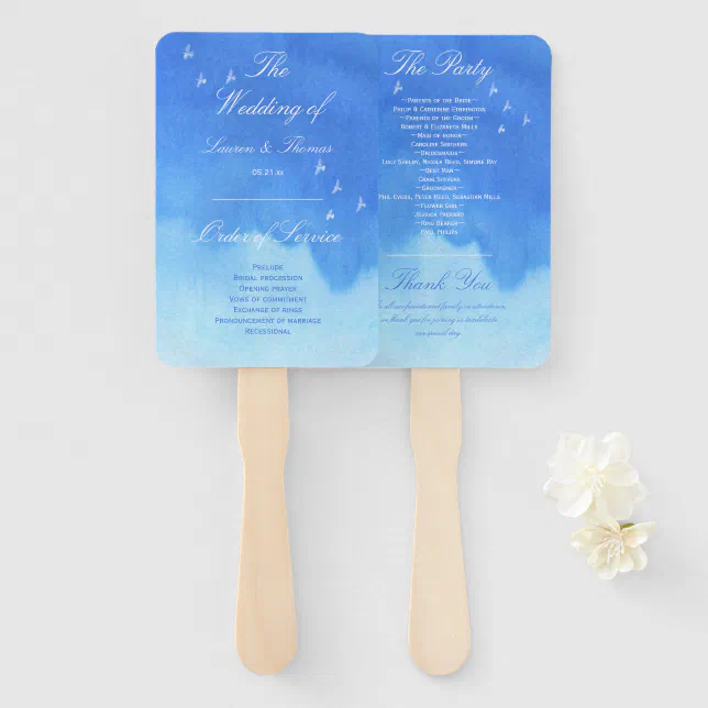 Blue Watercolour Sky & Doves Wedding Program Hand Fan | Zazzle
