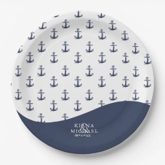 Blue Wave Anchor Pattern Wedding V1 ID836 Paper Plates | Zazzle