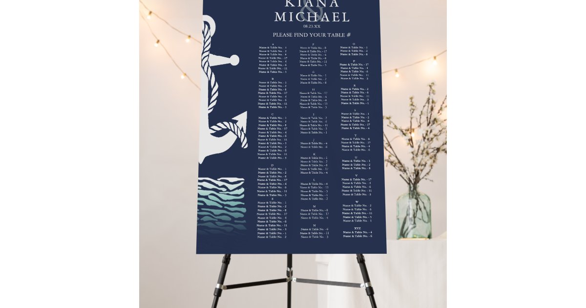 Blue Wave Anchor Wedding Seating Chart ID836 Foam Board | Zazzle