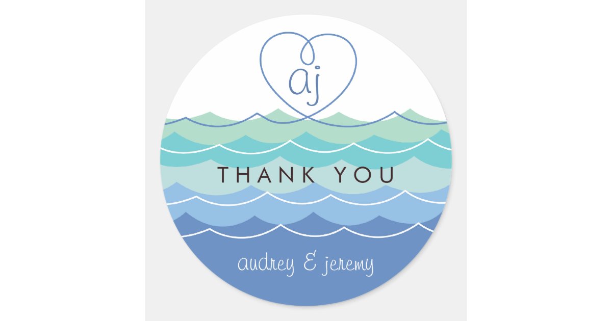 Blue Waves Loopy Heart Thank You Wedding Sticker | Zazzle