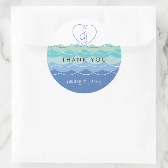 Blue Waves Loopy Heart Thank You Wedding Sticker | Zazzle