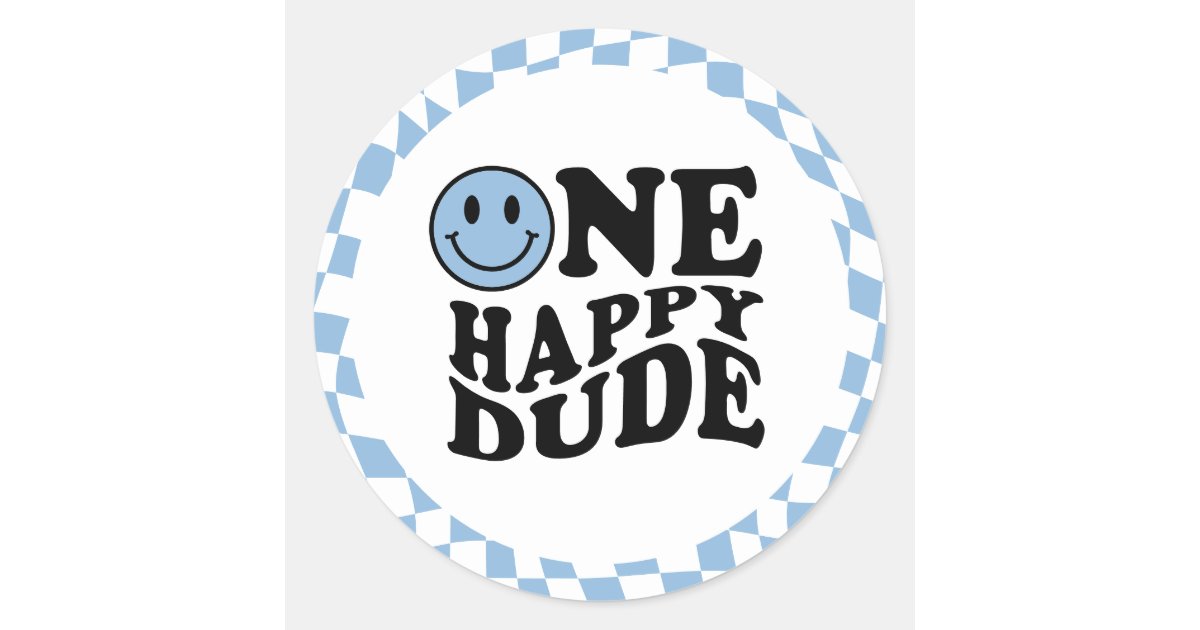 Blue Wavy Checkered Preppy Smile One Happy Dude Classic Round Sticker ...