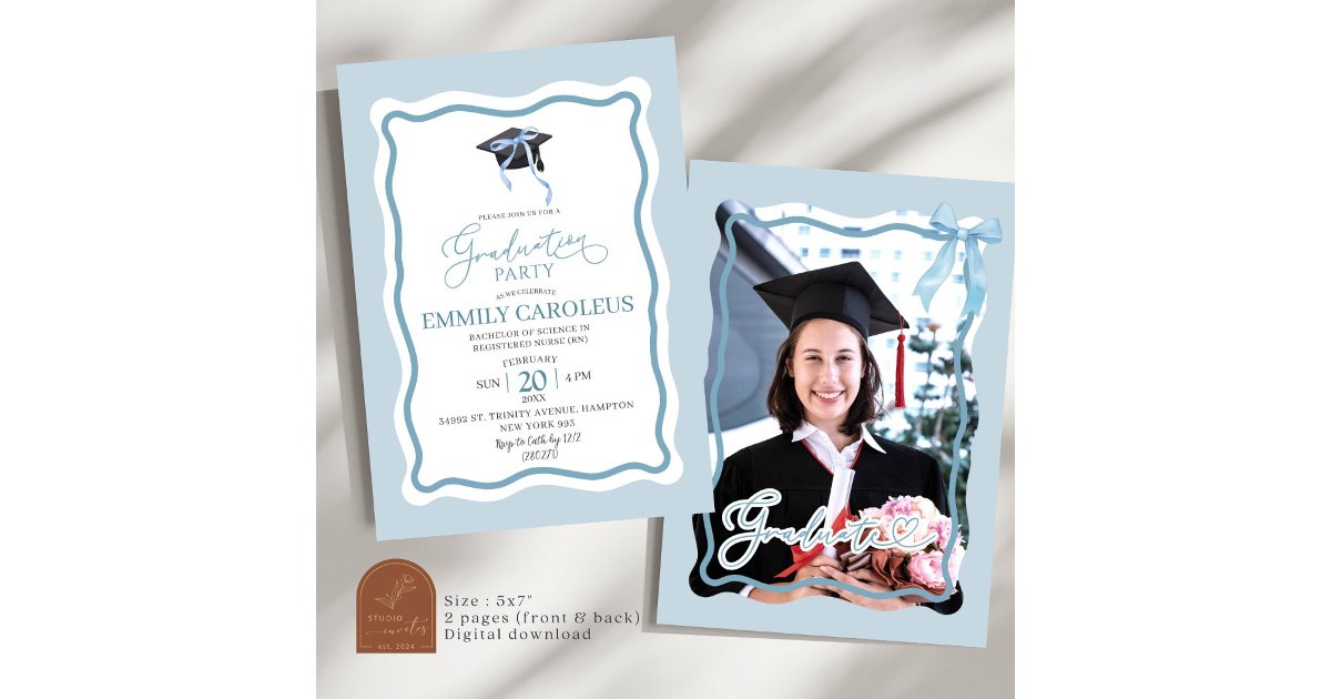 Blue Wavy Retro Graduation With Photo Invitation | Zazzle