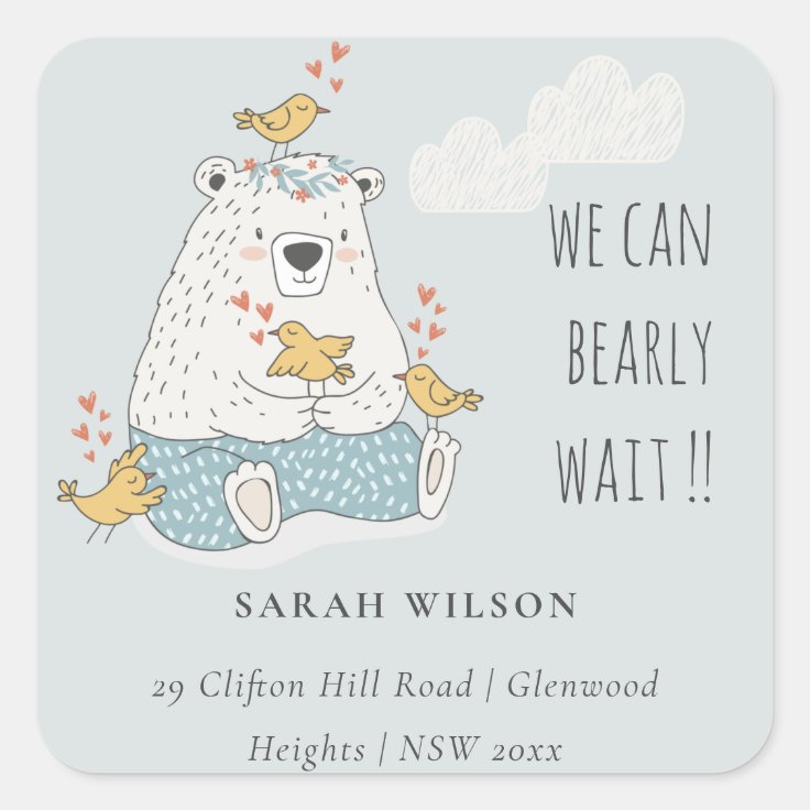Blue We Can Bearly Wait Bear Baby Shower Address Square Sticker | Zazzle
