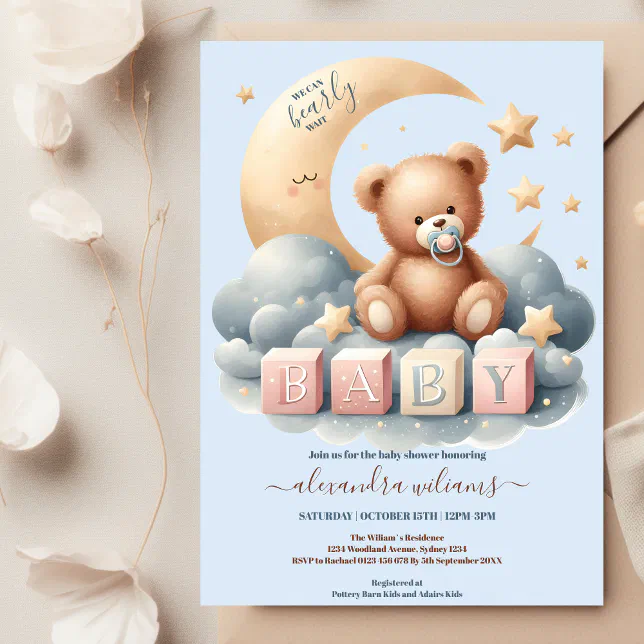Blue We Can Bearly Wait Boy Baby Shower Invitation | Zazzle