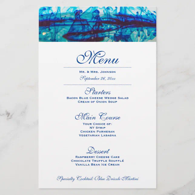Blue Wedding Dinner Menu | Zazzle